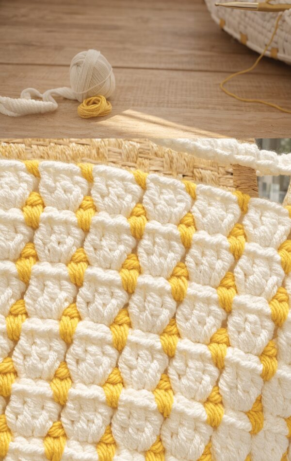 Sunny Checkered Crochet Pattern With White And Yellow Yarn Crochet